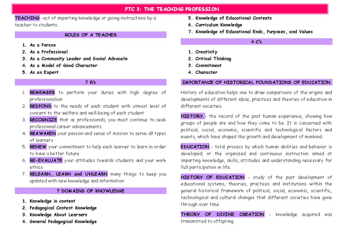FTC 3 - FTC - TEACHING - act of imparting knowledge or giving ...