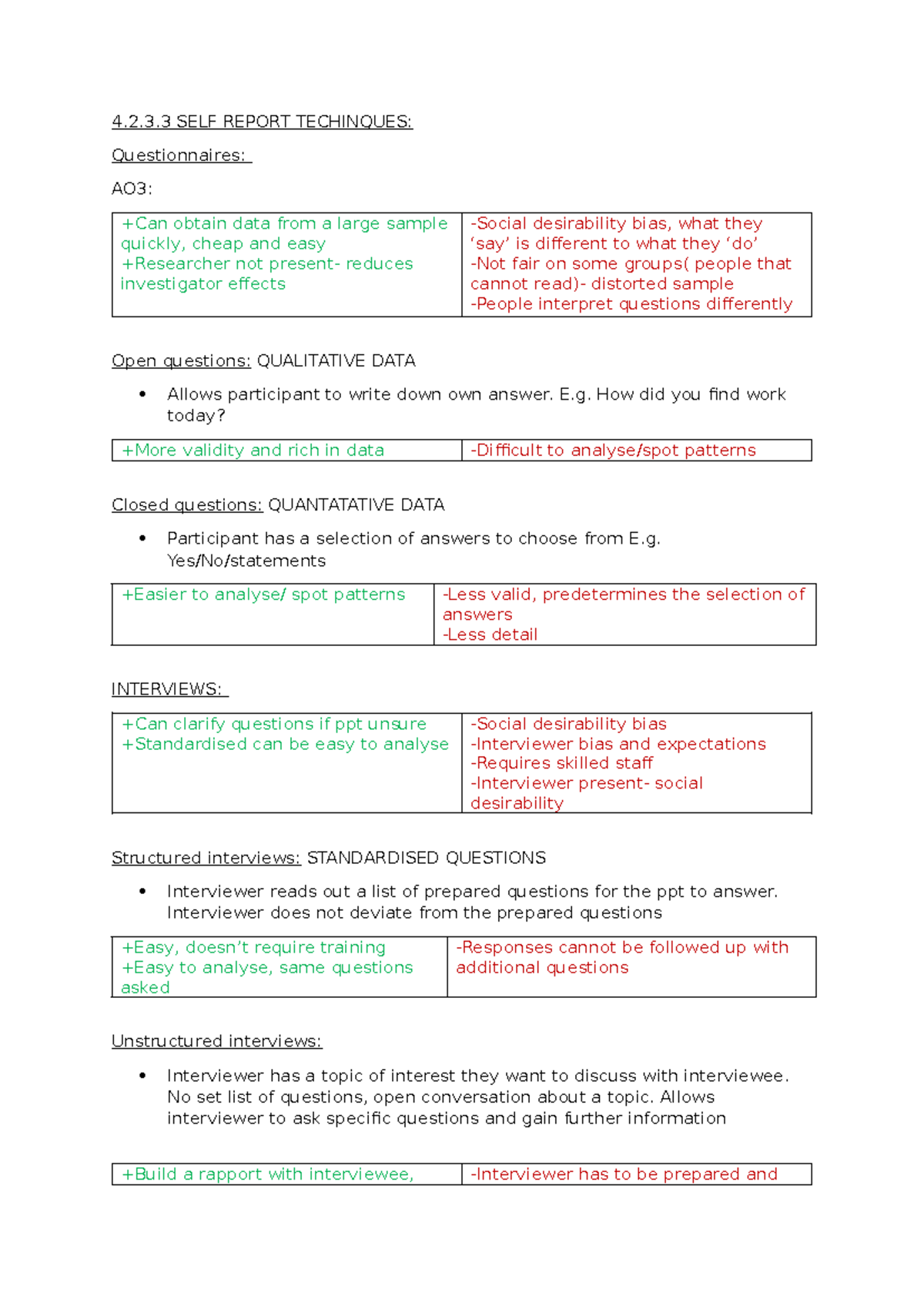 Research Methods - 4.2.3 SELF REPORT TECHINQUES: Questionnaires: AO3: +Can obtain data from a ...