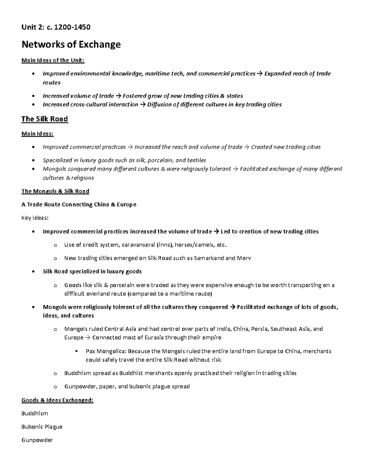 Unit 2 Networks of Exchange - Unit 2: c. 1200- 1450 Networks of ...