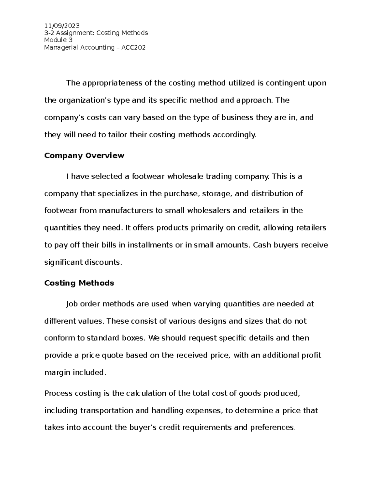 Costing Methods- Module 3- ACC202 - 11/09/ 3-2 Assignment: Costing ...