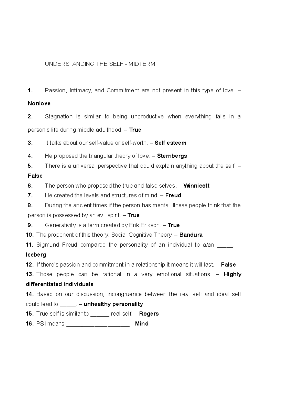 Understanding The Self Midterm Quiz Understanding The Self Midterm