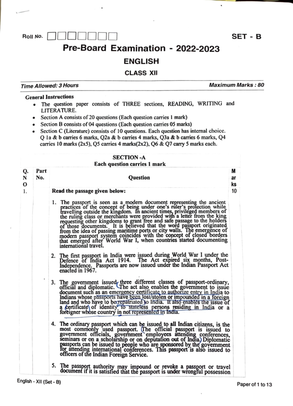 English pre board - RollNO. SET - B Pre-Board Examination - 2022 ...