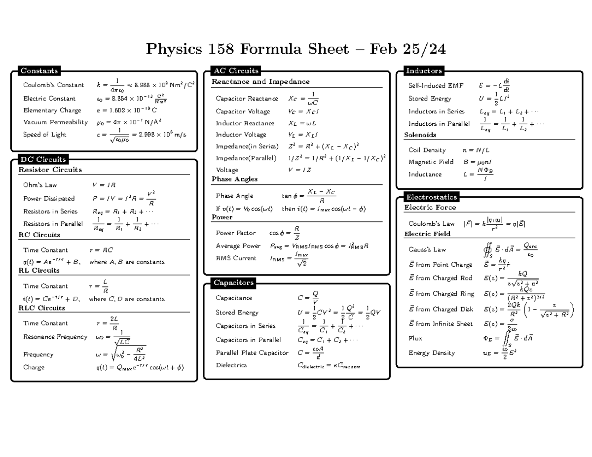 P158 Formula Sheet Feb 25 - Physics 158 Formula Sheet – Feb 25/ Coulomb ...