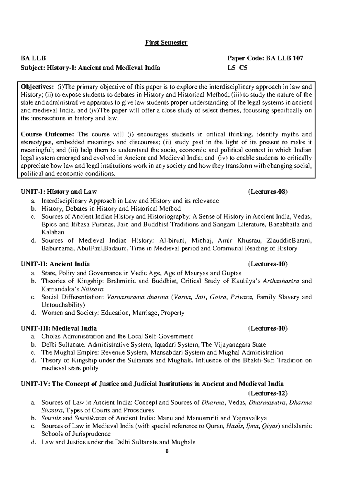 History I - Syllabus - 8 First Semester BA LLB Paper Code: BA LLB 107 ...