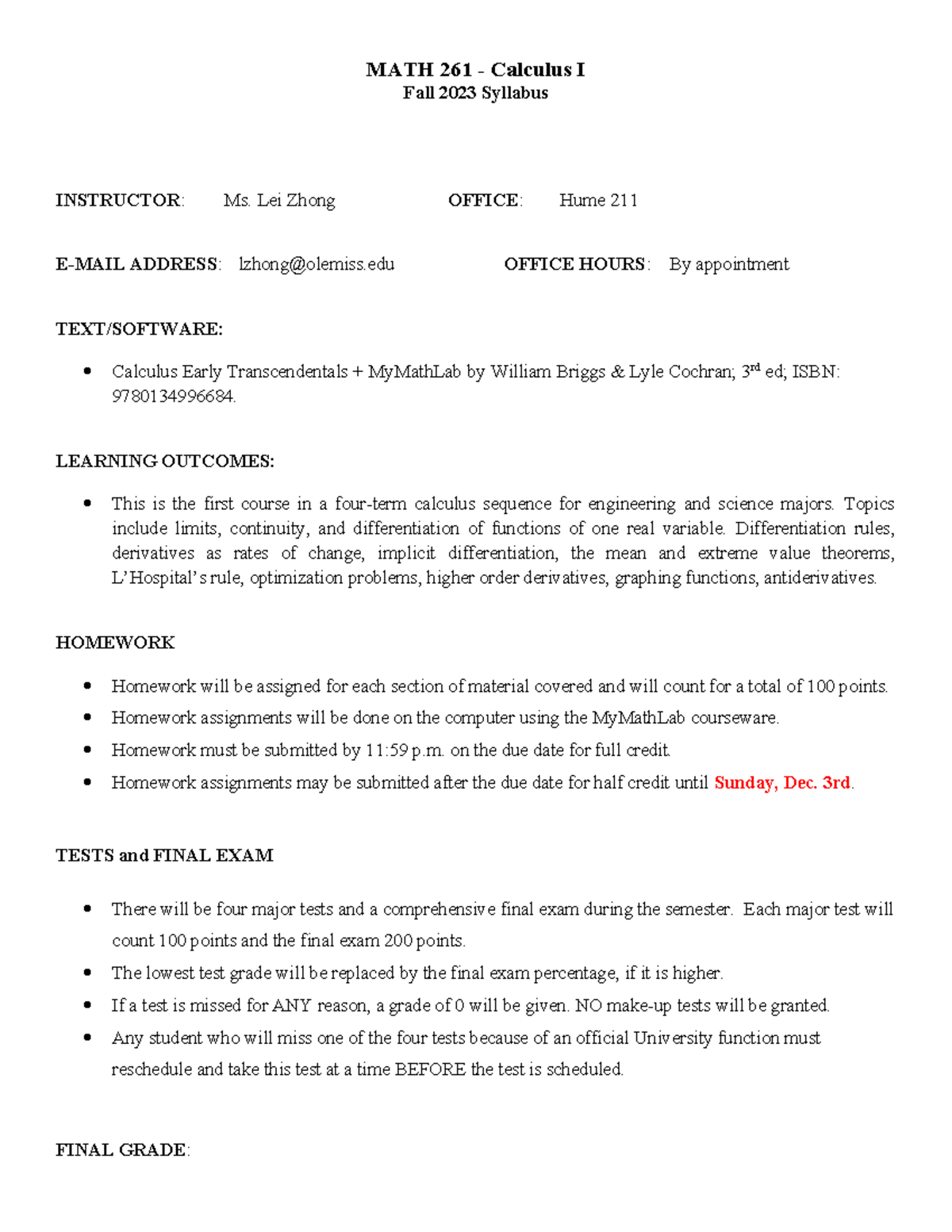 Math 261 Syllabus Fall 2023(1) - MATH 261 - Calculus I Fall 2023 ...