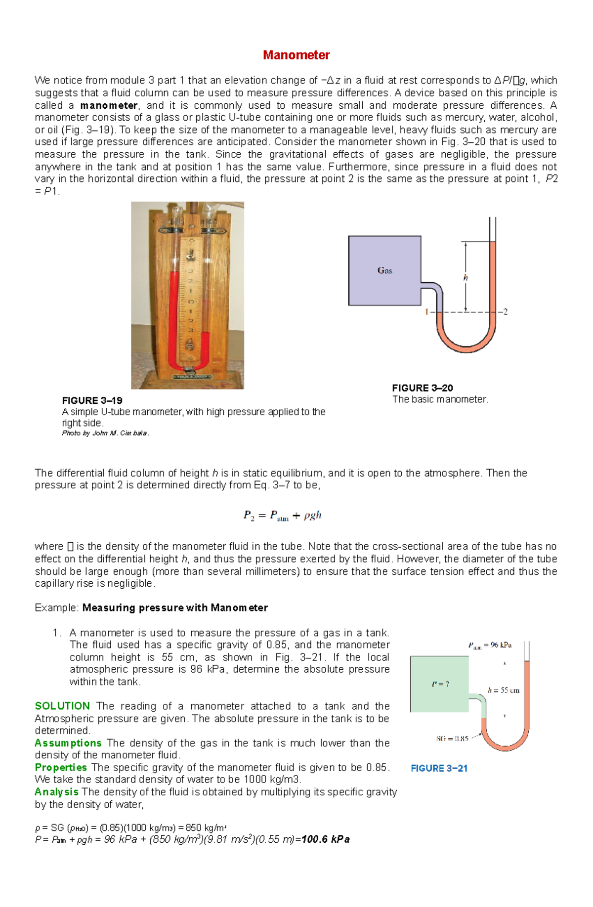 Manometer Manometer We Notice From Module 3 Part 1 That An Elevation