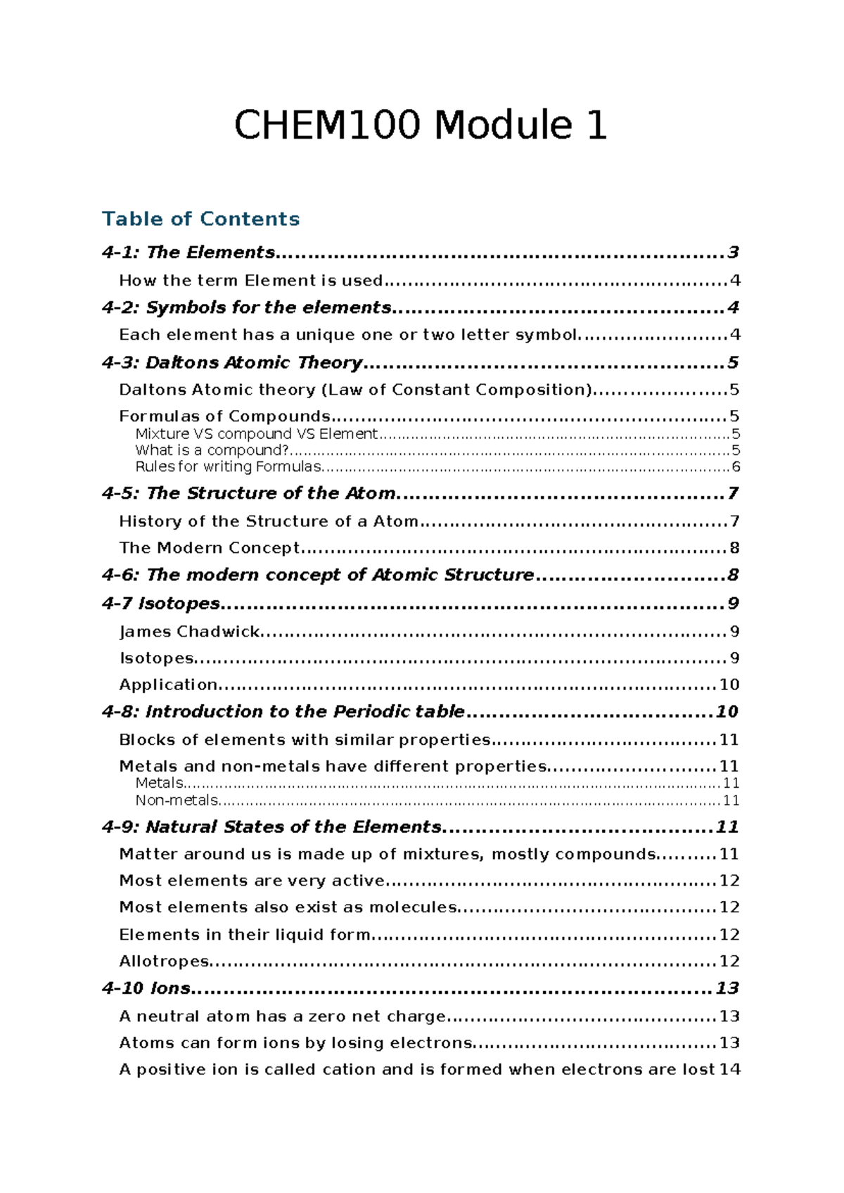 CHEM100 Module 1 - Table of Contents - CHEM100 Module 4-1: The - Studocu