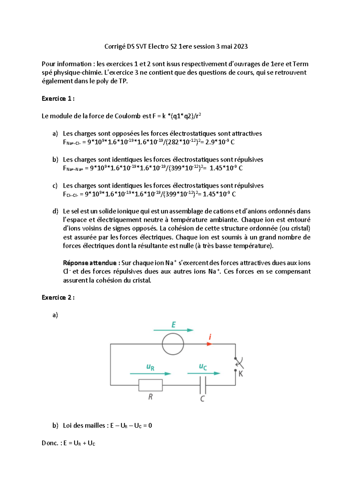 Corrigé DS SVT Electro S2 1ere session 3 mai 2023 - L’exercice 3 ne contient que des questions ...