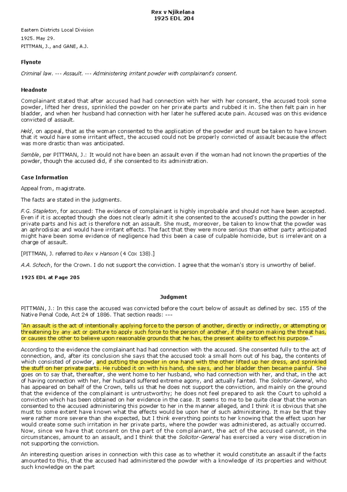 Rex v Njikelana 1925 EDL 204 - Rex v Njikelana 1925 EDL 204 Eastern ...