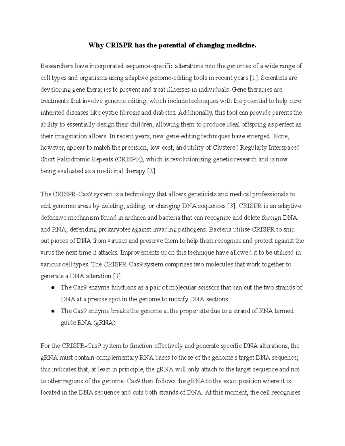 Hw sc - Essay one - Why CRISPR has the potential of changing medicine ...