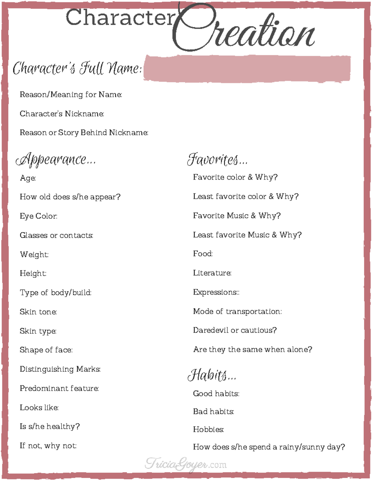 Character Creation Worksheet Tricia Goyer - Creation Reason/Meaning for ...