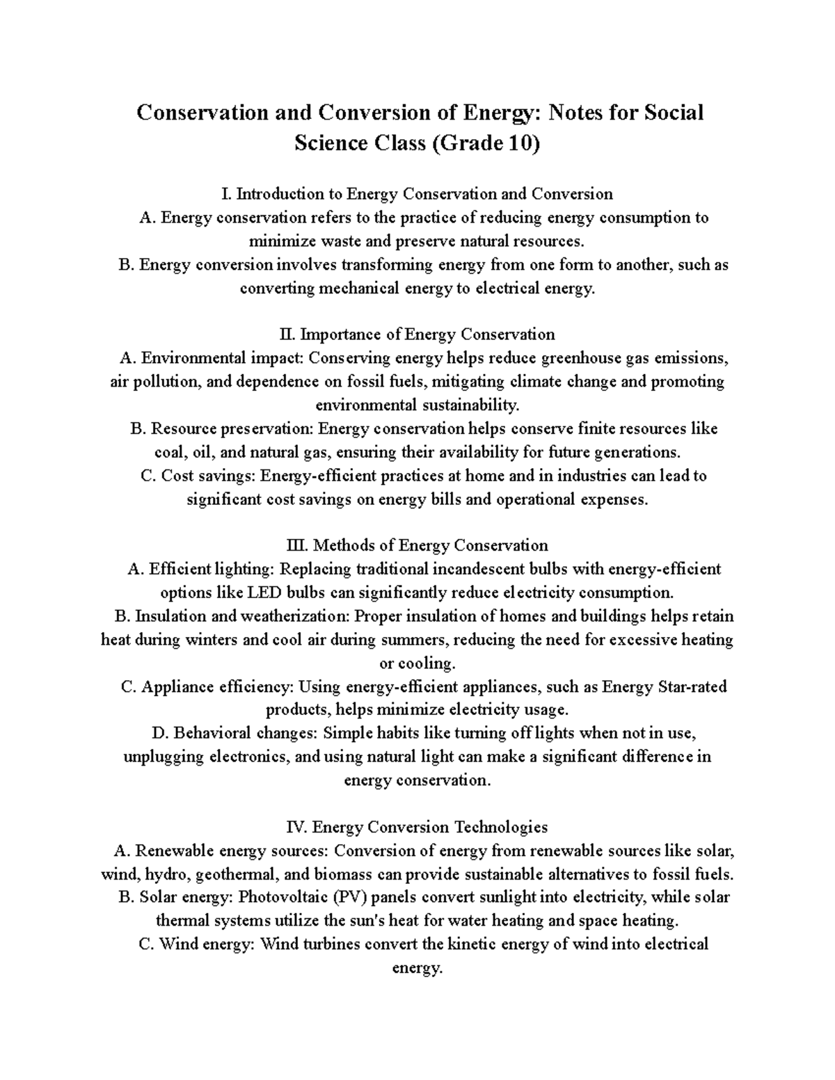 Conservation and Conversion of Energy Notes for Social Science Class ...