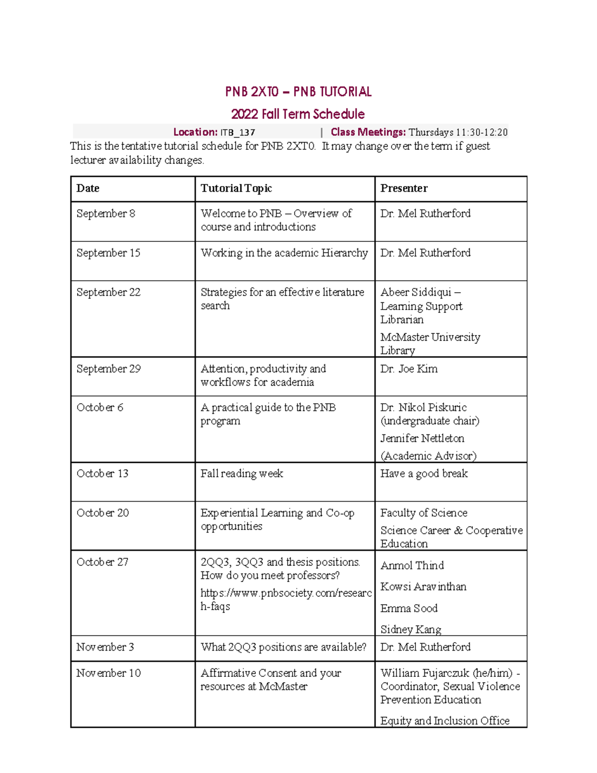 PNB 2XT0 Schedule - PNB 2XT0 – PNB TUTORIAL 2022 Fall Term Schedule ...