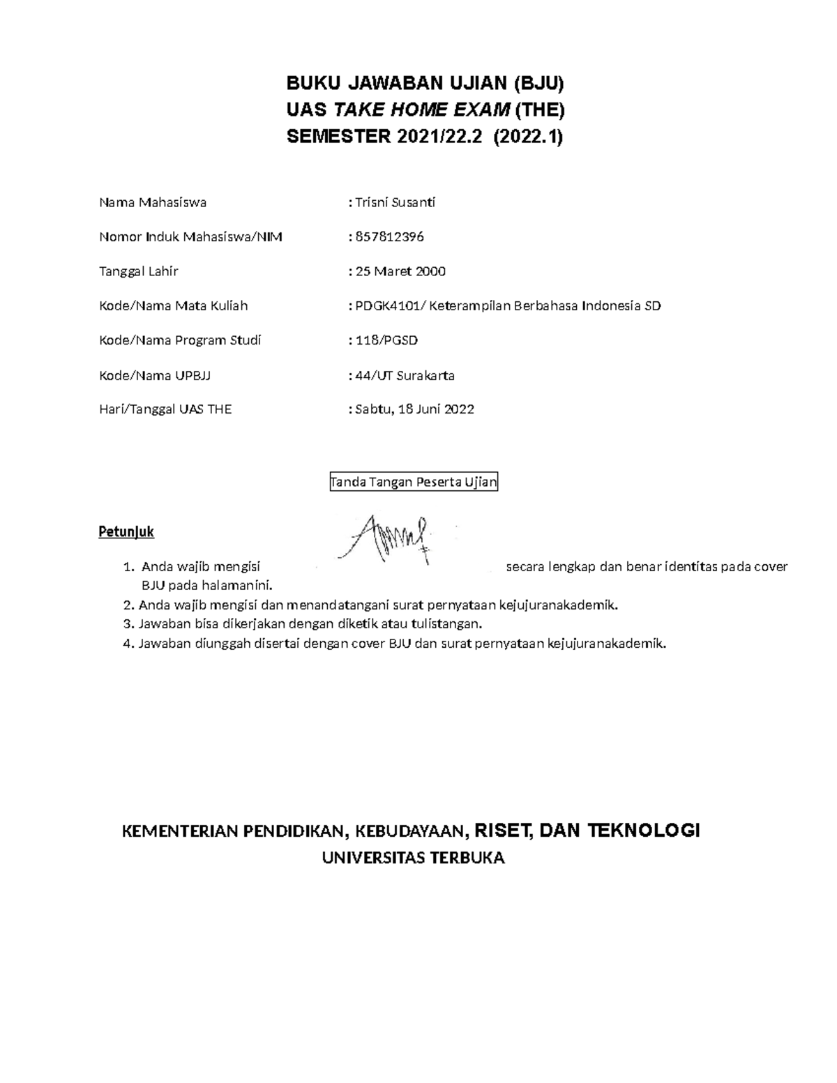 BJU Keterampilan Berbahasa - Tanda Tangan Peserta Ujian BUKU JAWABAN UJIAN (BJU) UAS TAKE HOME ...