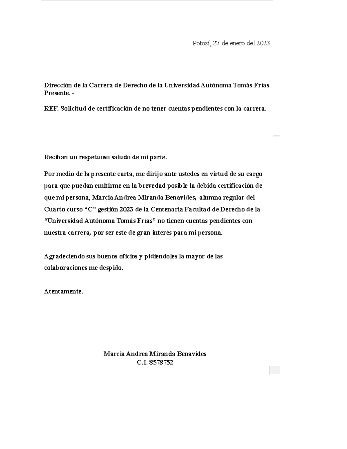 Carta cuentas pendientes - Potosí, 27 de enero del 2023 Dirección de la ...