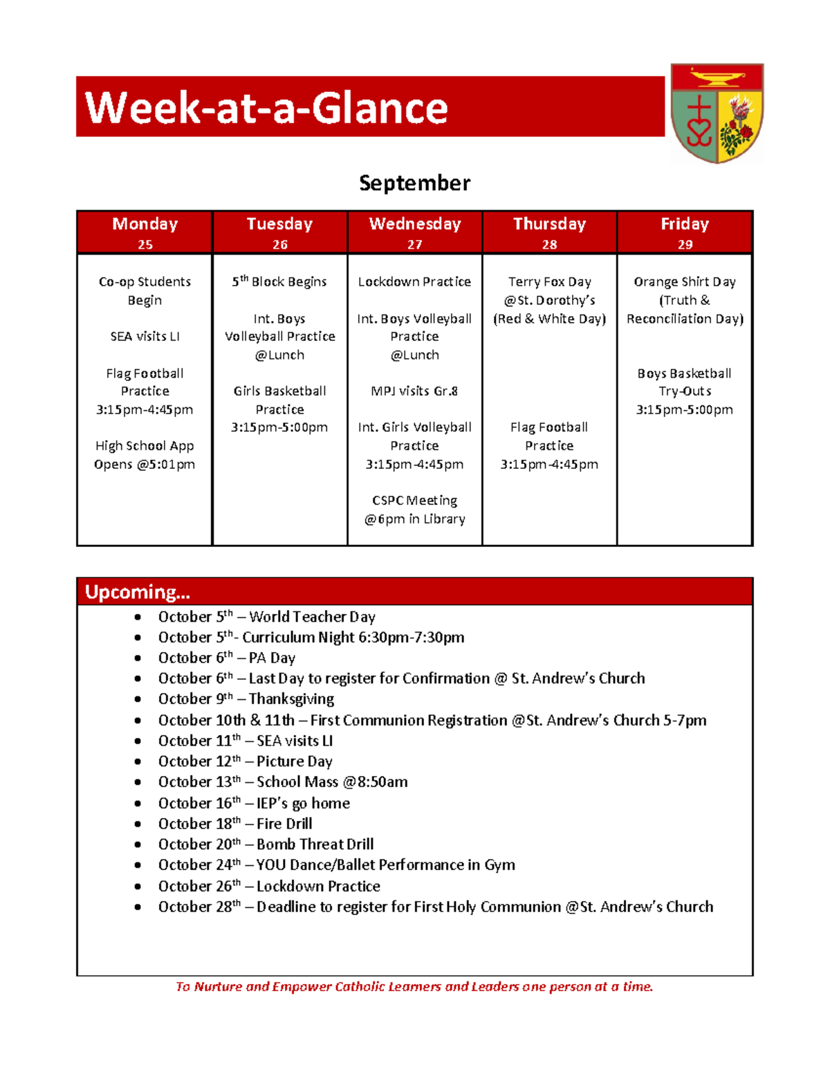 Weekly Bulletin 04 - Parent Edition - Week-at-a-Glance September Monday ...