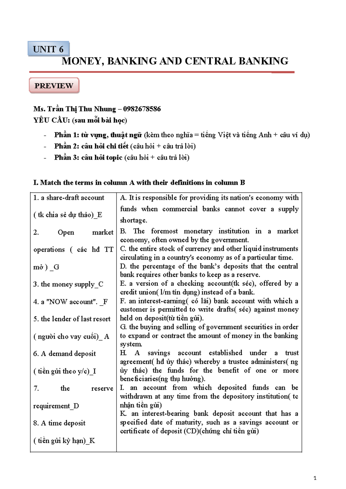 UNIT 6 Monry & Banking Preparation - MONEY, BANKING AND CENTRAL BANKING ...