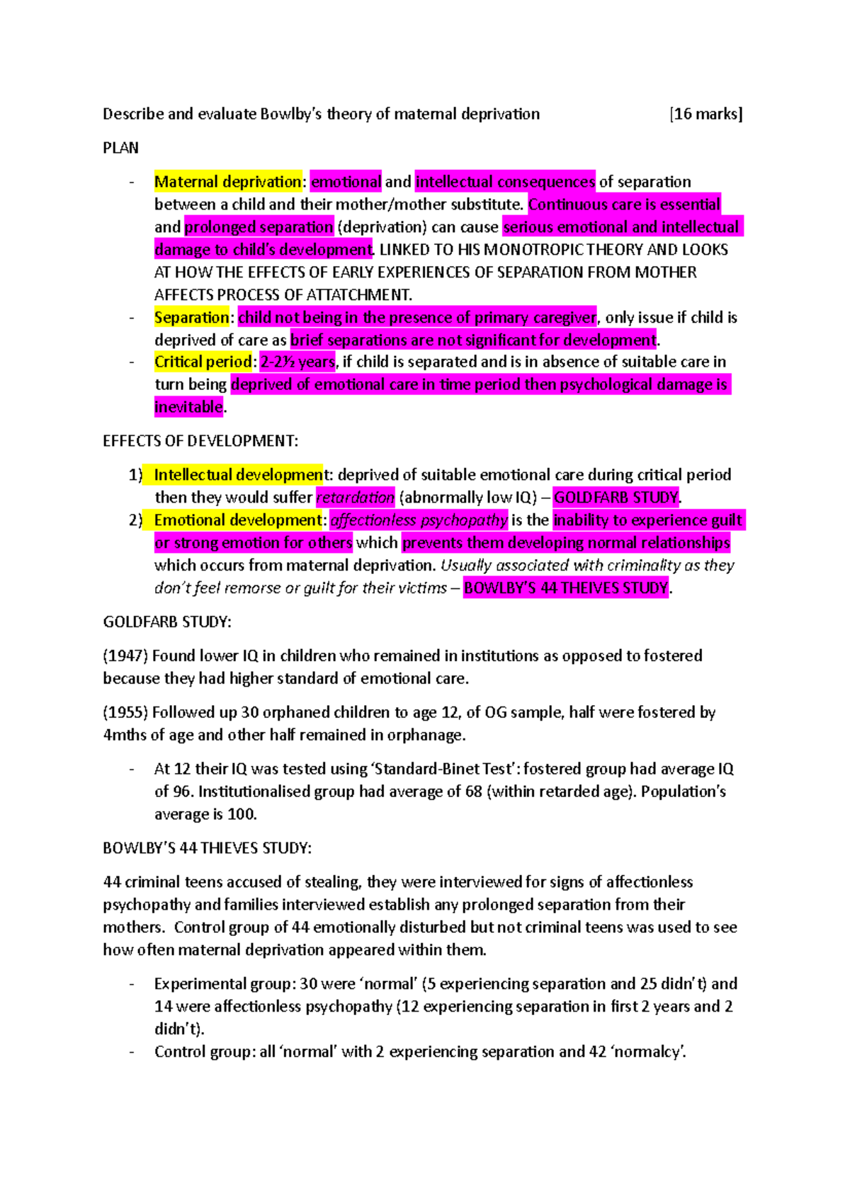 Bowlby's maternal deprivation essay and essay plan - Describe and ...