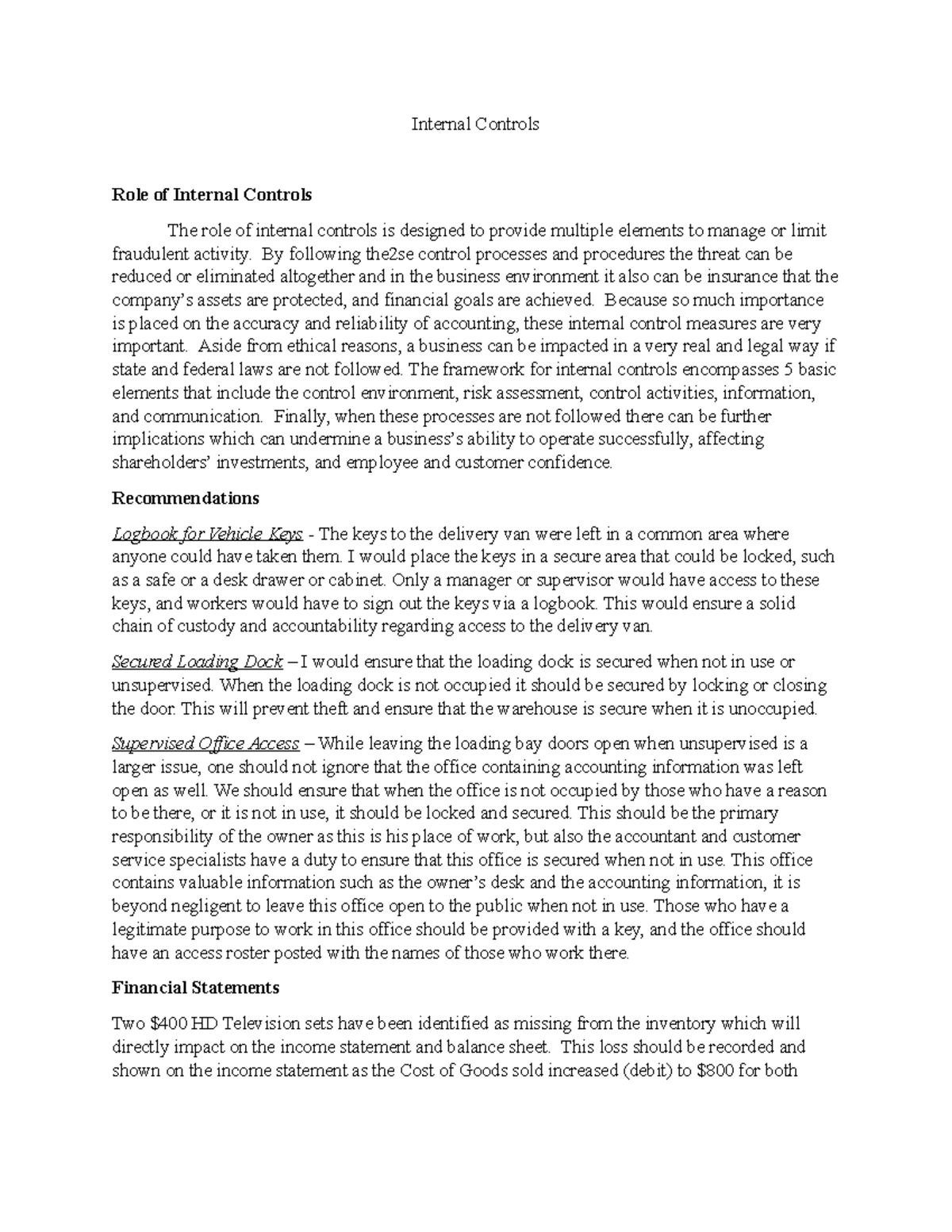 Internal Controls - Internal Controls Role of Internal Controls The ...