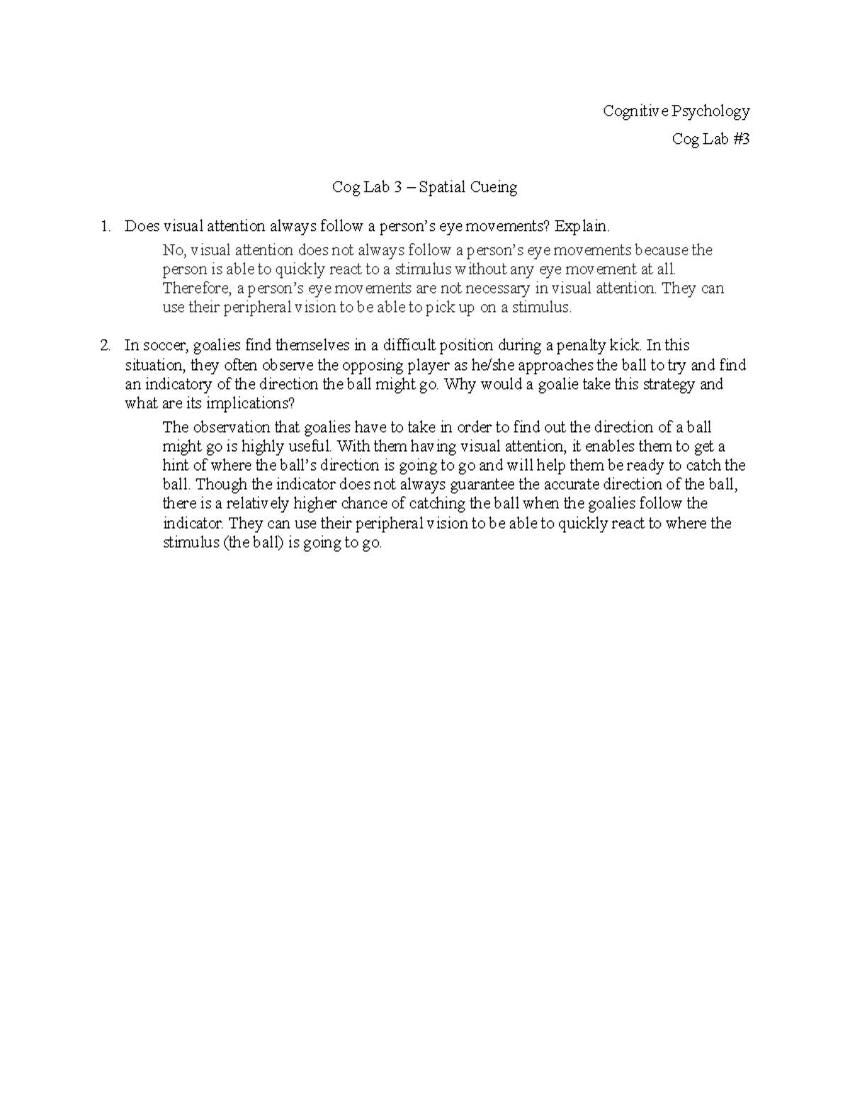 Cognitive Psychology Cog Lab 3 - Spatial Cueing - Cognitive Psychology Cog Lab # Cog Lab 3 ...