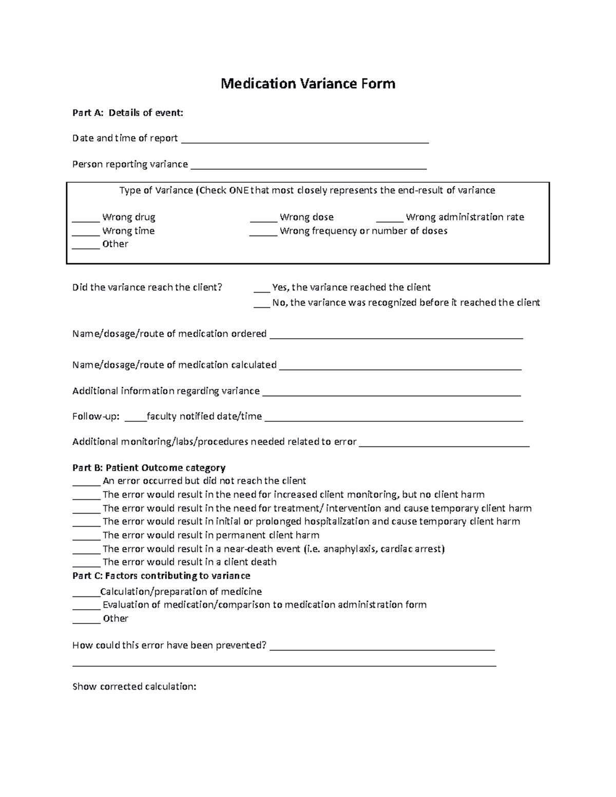 Medication Variance Report - Medication Variance Form Part A: Details ...