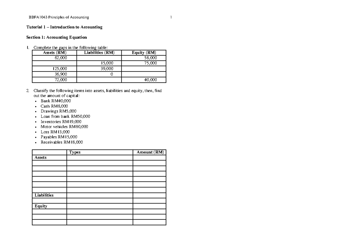 T1 Question - gjfjfjjfjjfififj - Tutorial 1 – Introduction to Accounting Section 1: Accounting ...
