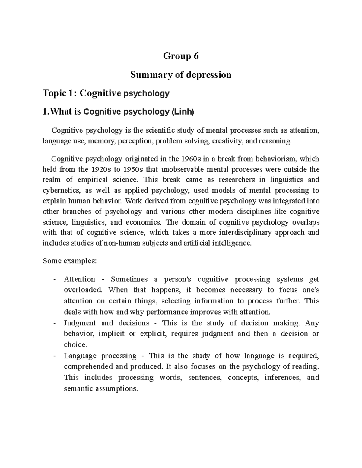 Y22-NHOM 6 Topic 1 - fghkg - Group 6 Summary of depression Topic 1 ...