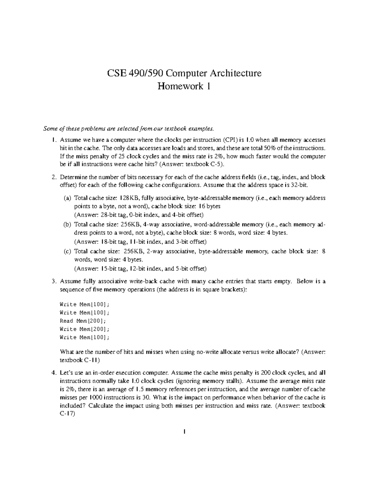 Homework Assignment 1 Questions Cse 490590 Computer Architecture Homework 1 Some Of These 9353