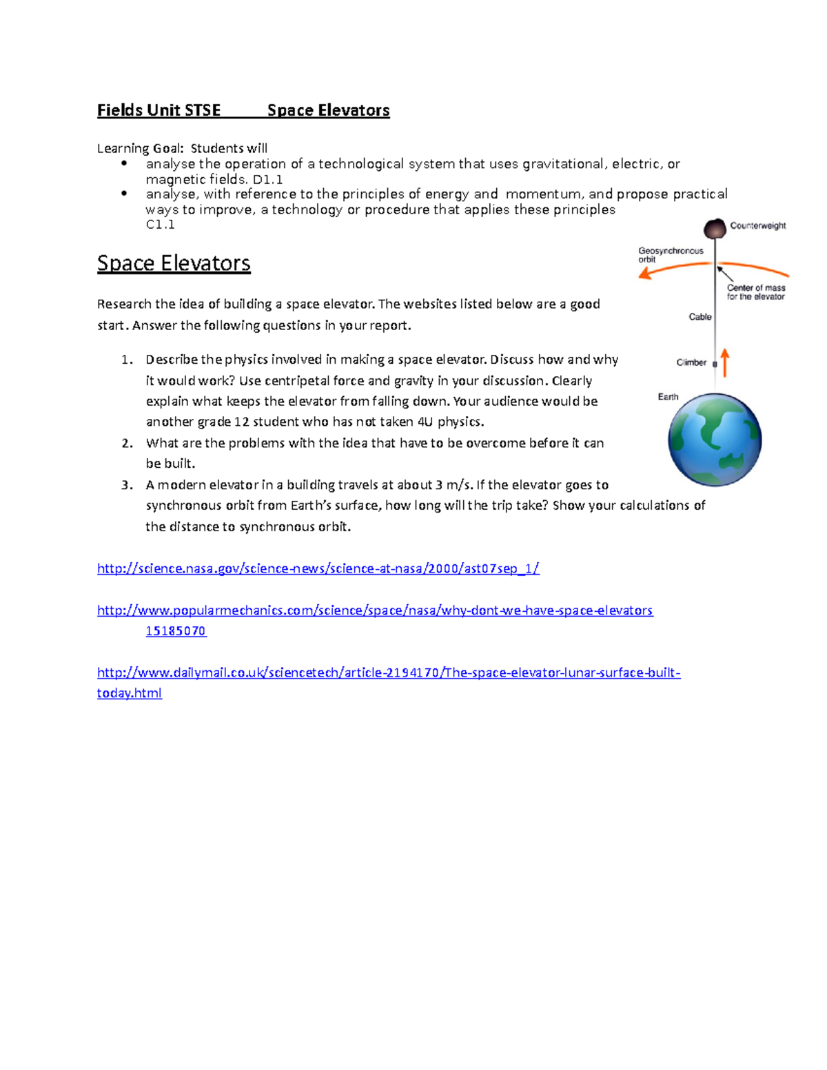 Space Elevators f22 - ... - Fields Unit STSE Space Elevators Learning ...