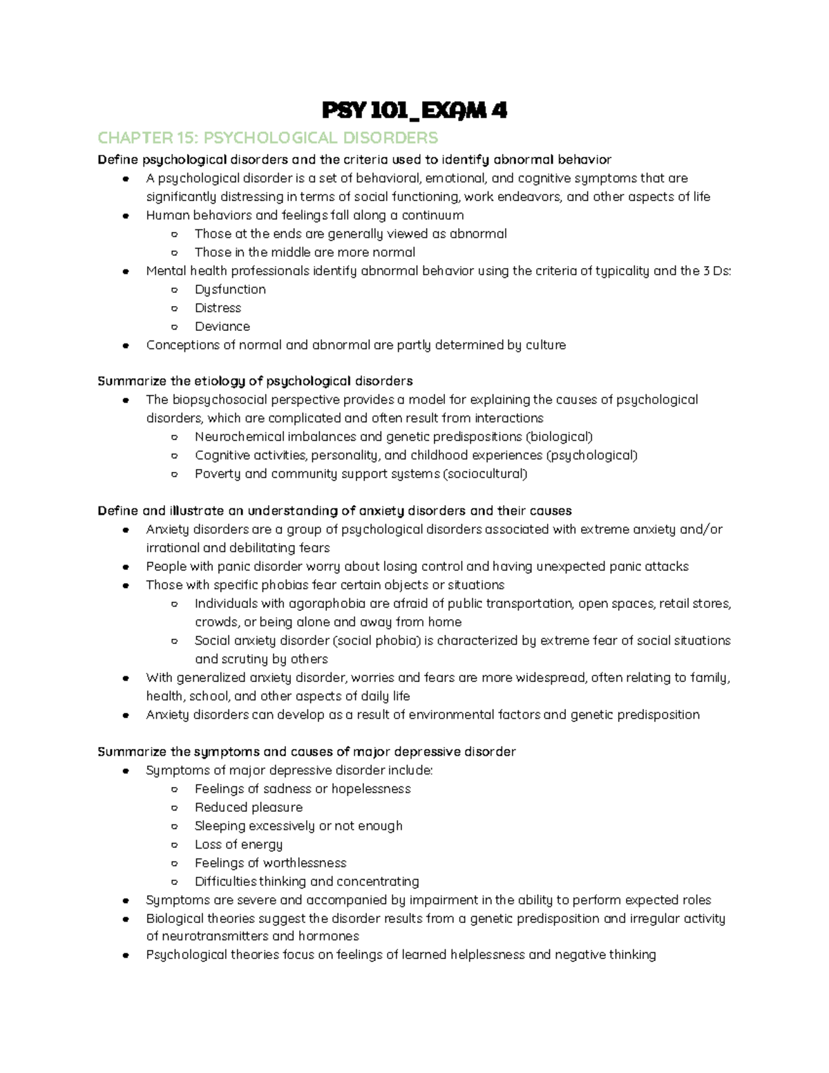 PSY101 EXAM 4 - It is a study guide that includes the learning ...