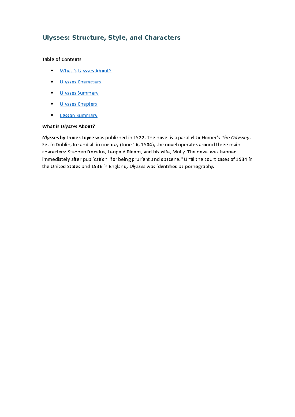 Ulysses Structure, Style, and Characters - The novel is a parallel to ...