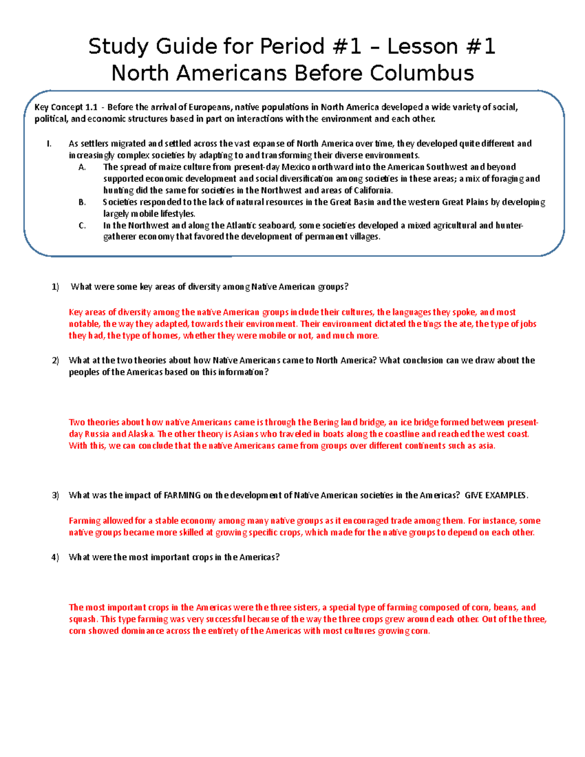 Study Guide for Period 1 Lesson 1 - Study Guide for Period #1 – Lesson ...