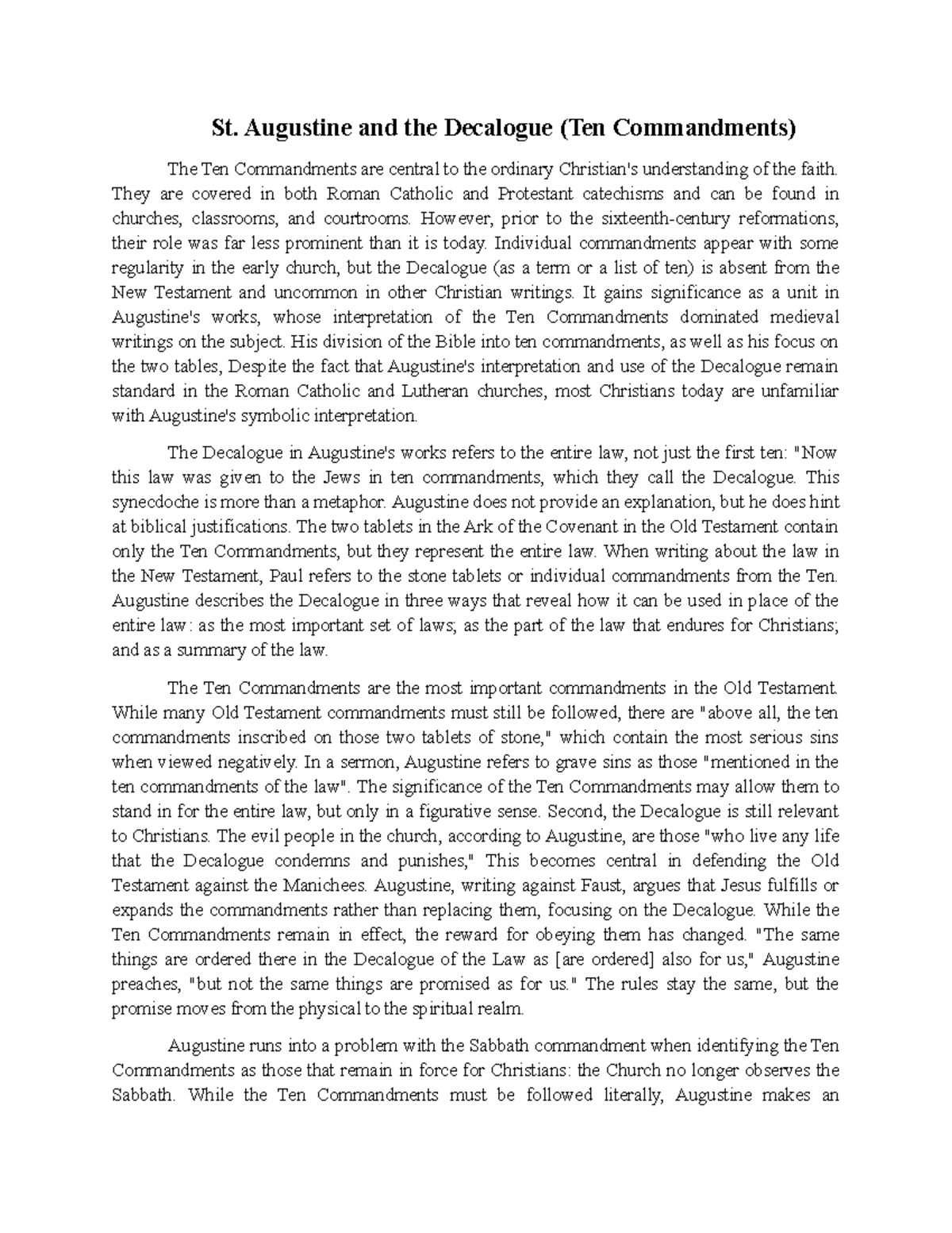 Ten commndments - Saint Augustine and the Ten Commandments Essay for ...