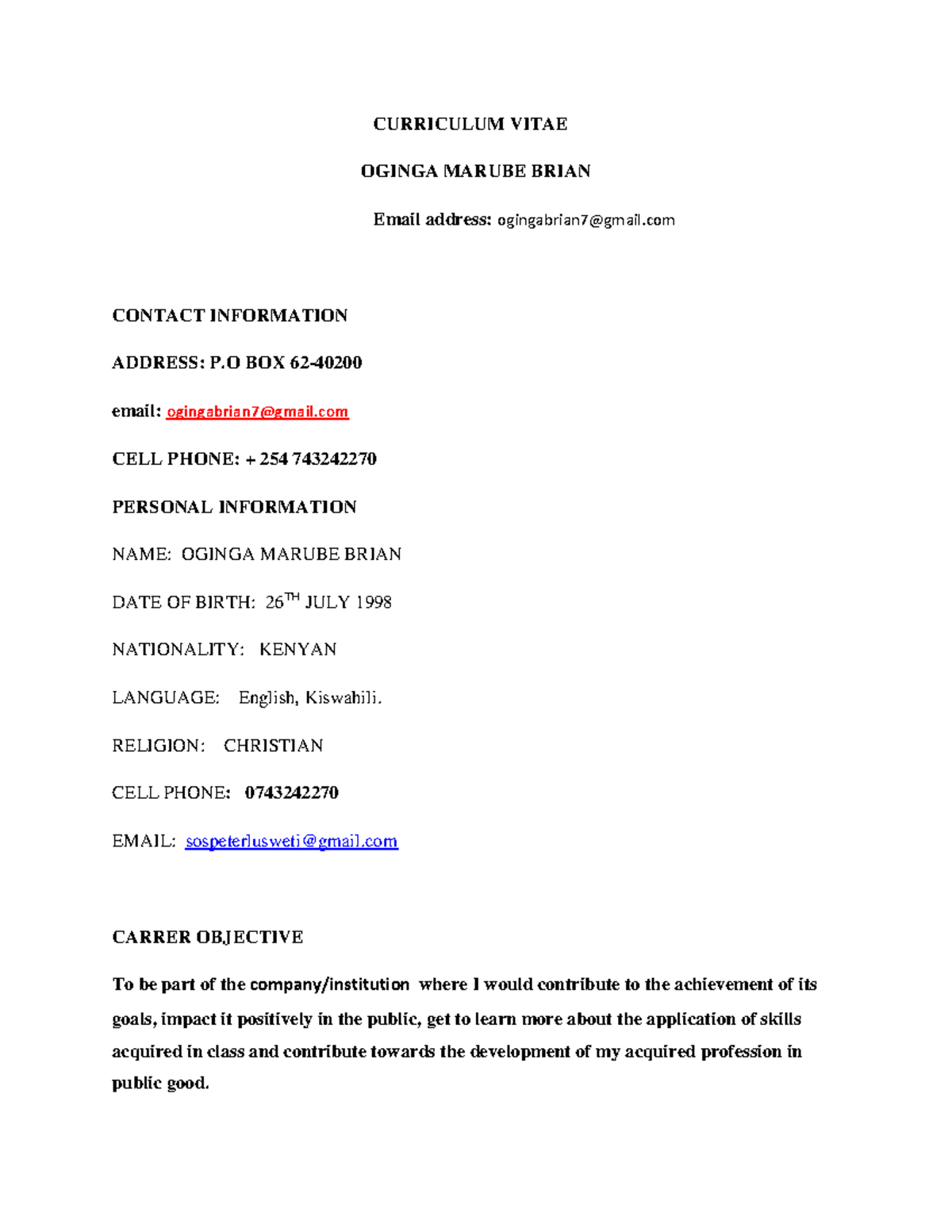 Brian cv - Summary Geography - CURRICULUM VITAE OGINGA MARUBE BRIAN ...