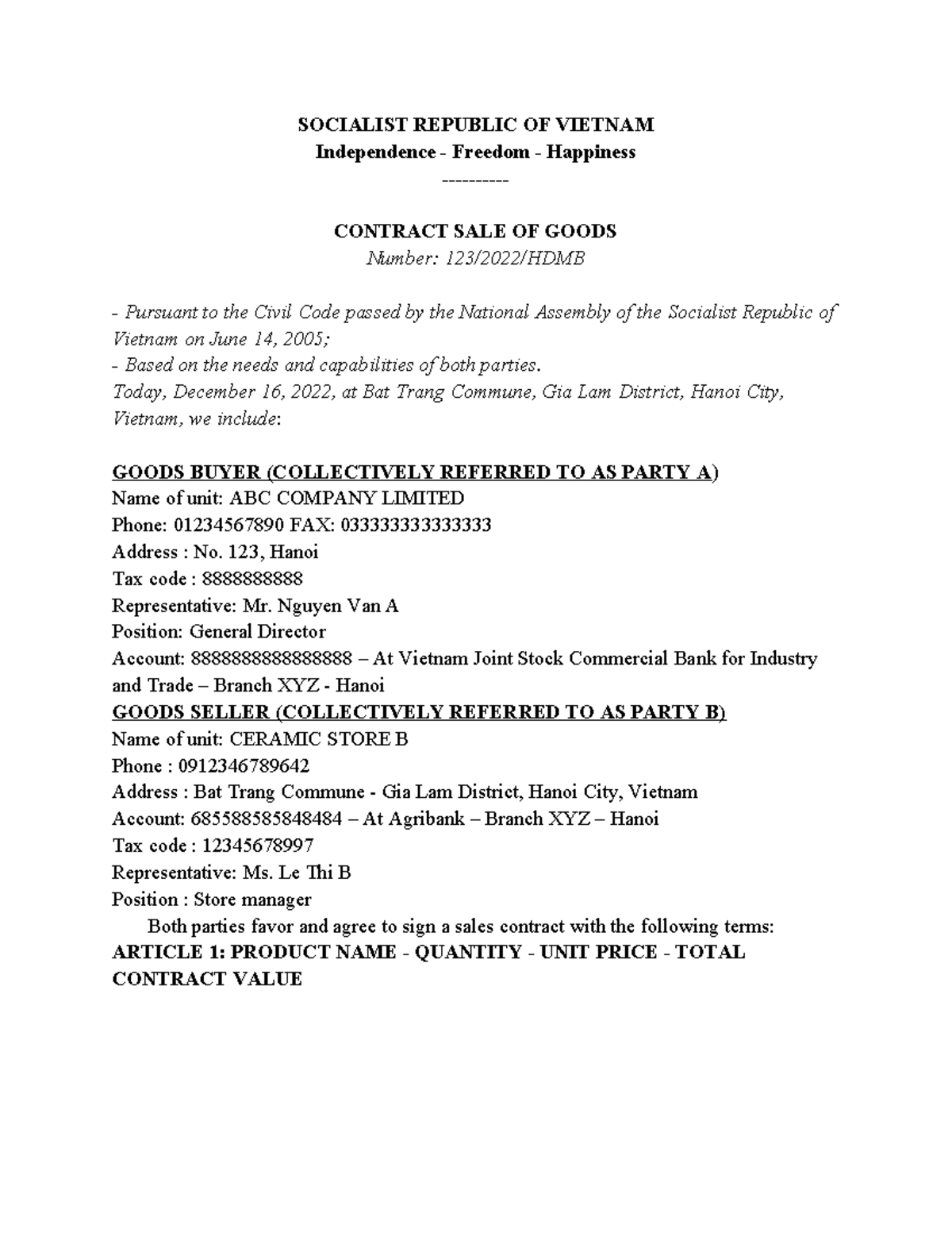 Contract SALE OF Goods - SOCIALIST REPUBLIC OF VIETNAM Independence ...