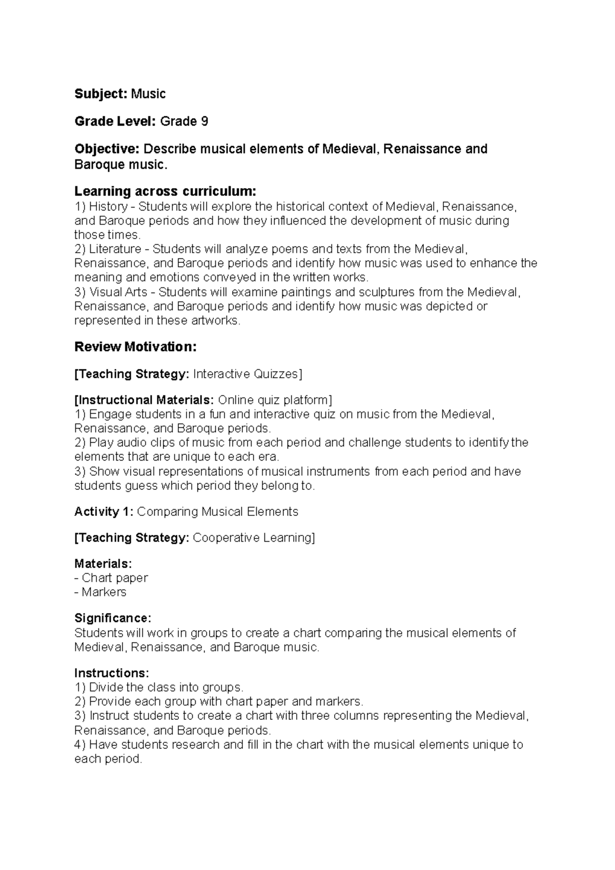 Lesson plan 9 - thanks - Subject: Music Grade Level: Grade 9 Objective ...