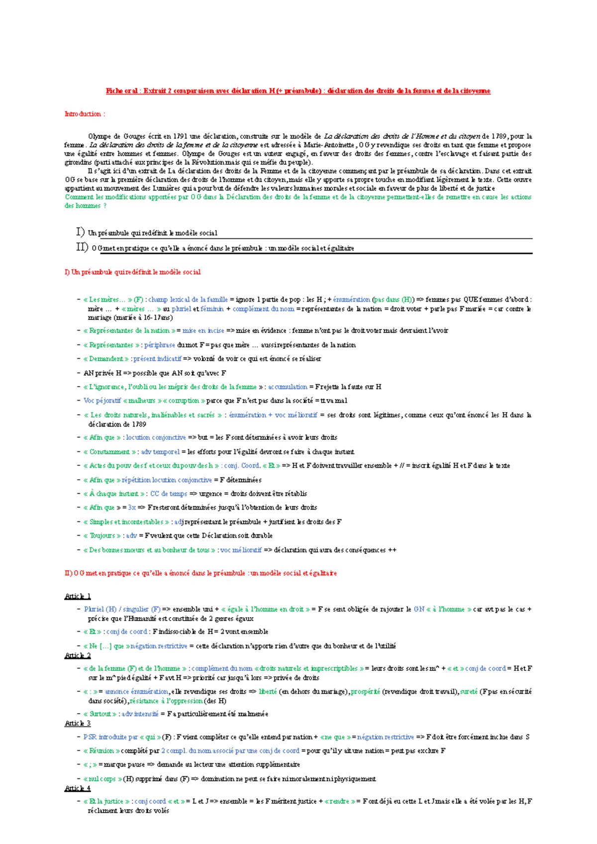 Comparaison de la DDFC avec la DDHC Olympe de Gouges - Fiche oral ...