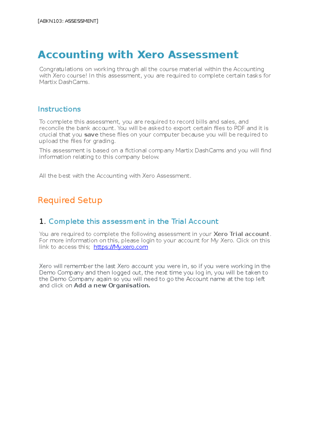 ABKN103 Accounting with Xero Assessment Trial Company V3 Aug 22 ...