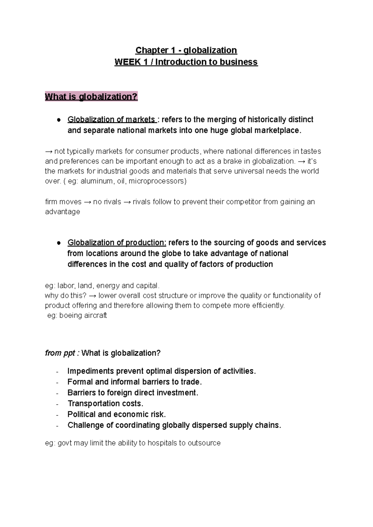 Chapter 1 - Globalization - Chapter 1 - globalization WEEK 1 / Introduction to business What is ...