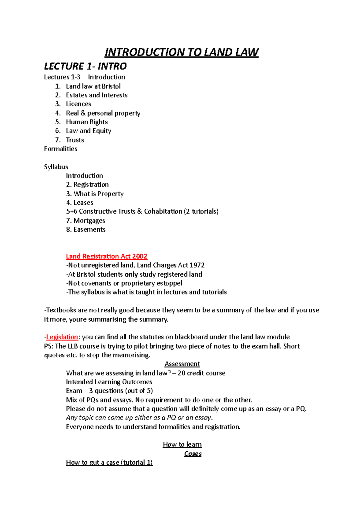 Introduction To Land Law Introduction To Land Law Lecture 1 Intro
