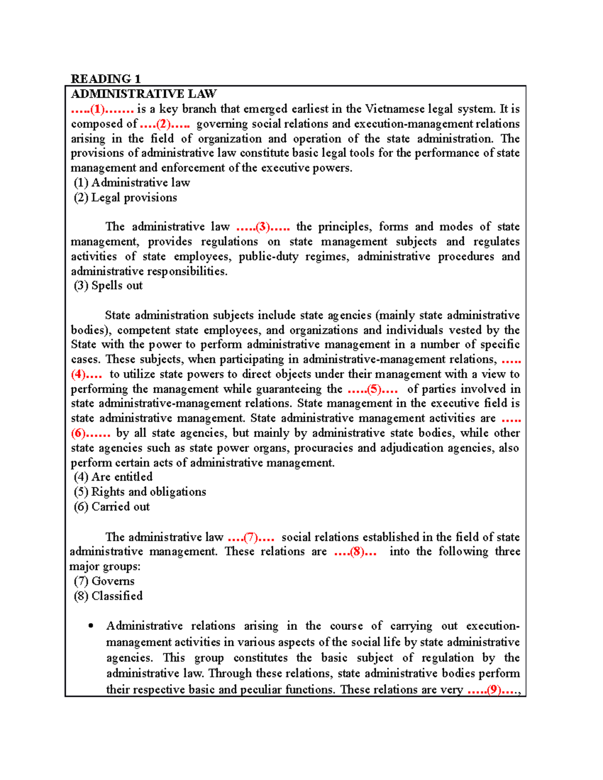 Assignment 1 - Reading - U - READING 1 ADMINISTRATIVE LAW .....(1)....... is a key branch that ...