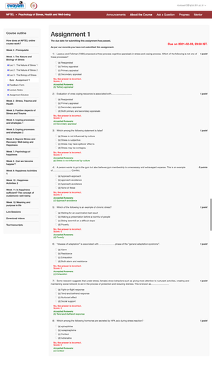 2021 assignment 1 - NPTEL- Psychology of Stress, Health Well-being ...