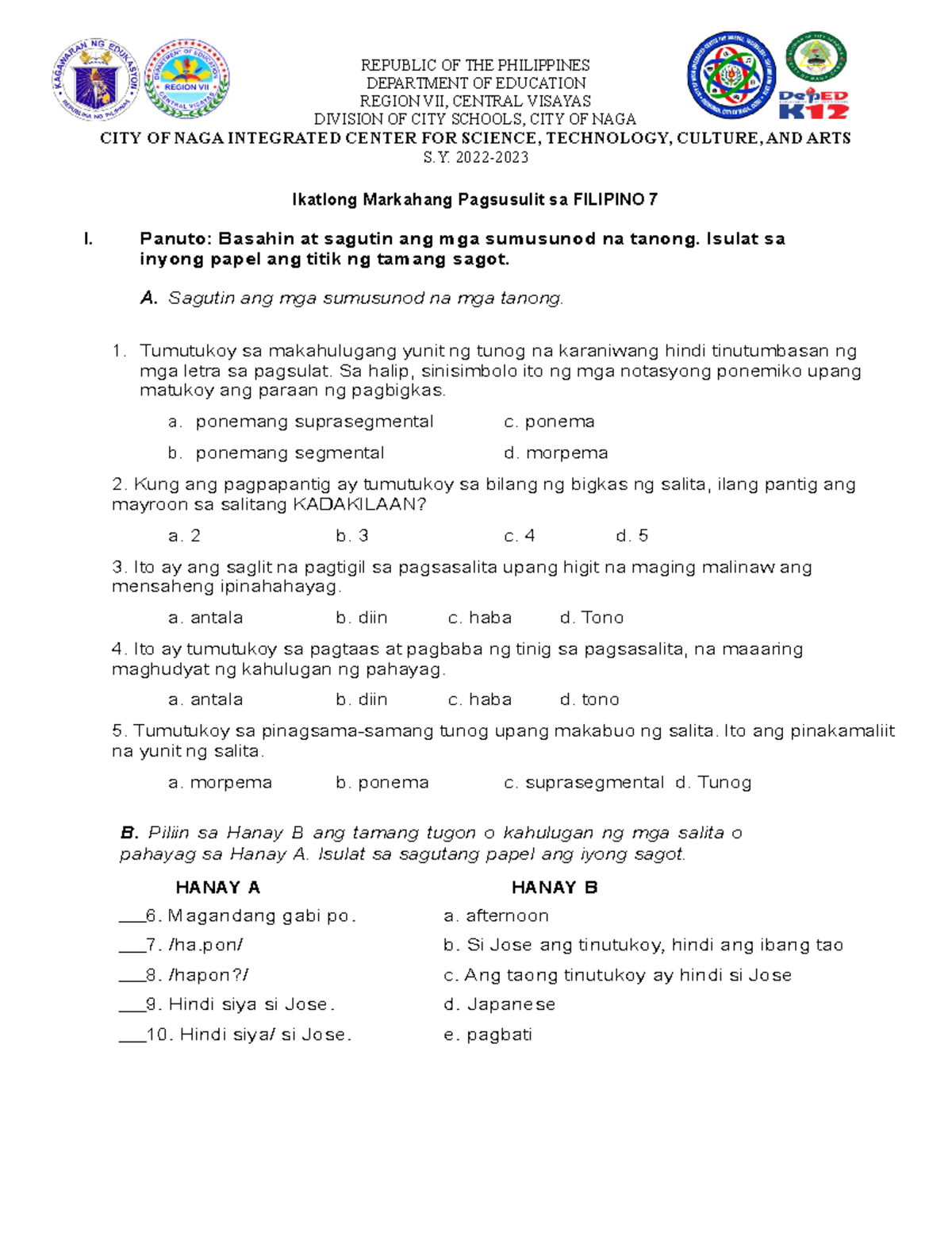 3rd-Q TQ Filipino-7 - sample 3rd quarter filipino 7 - REPUBLIC OF THE ...