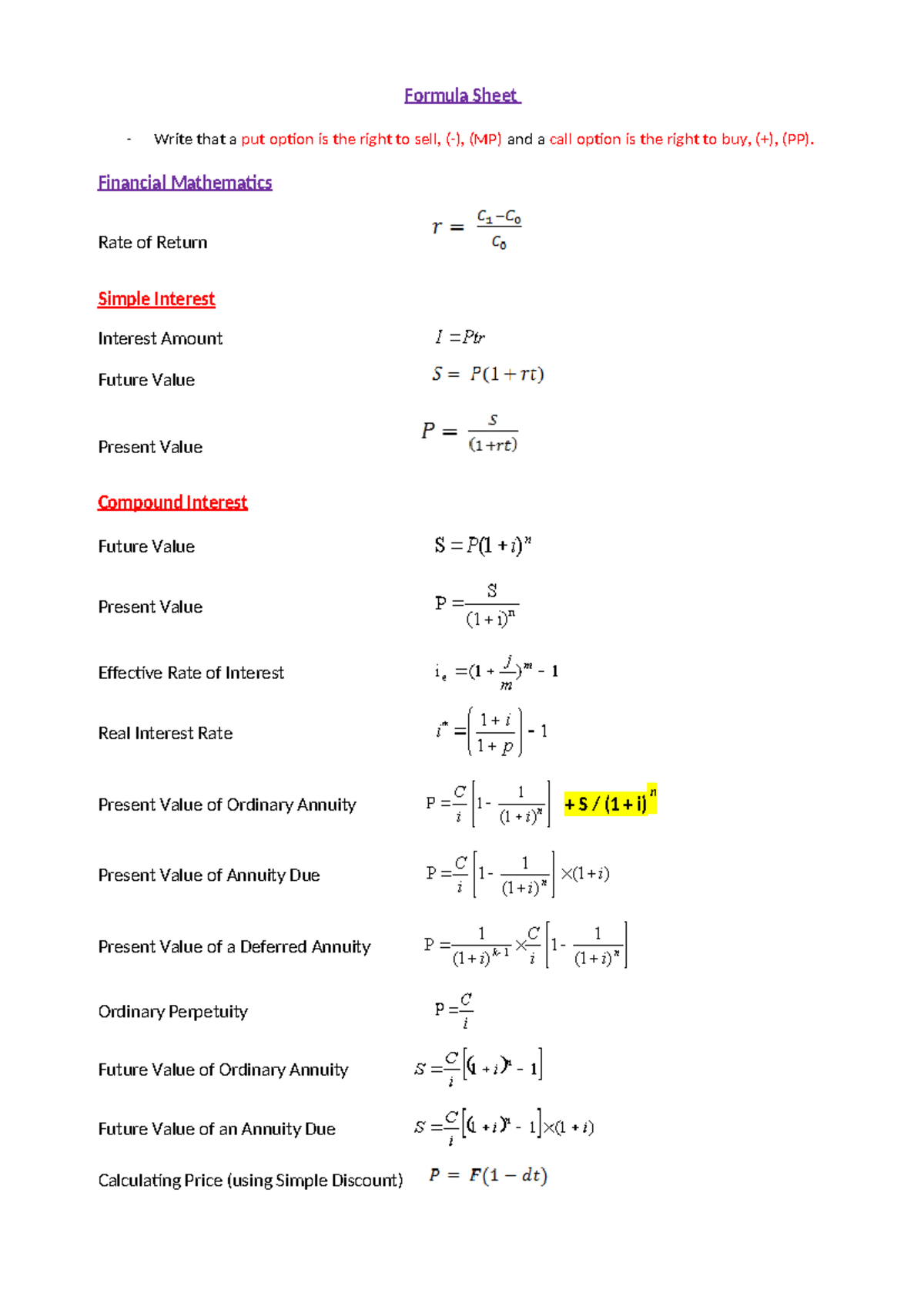 Formula Sheet - Financial Mathematics Rate of Return Simple Interest ...