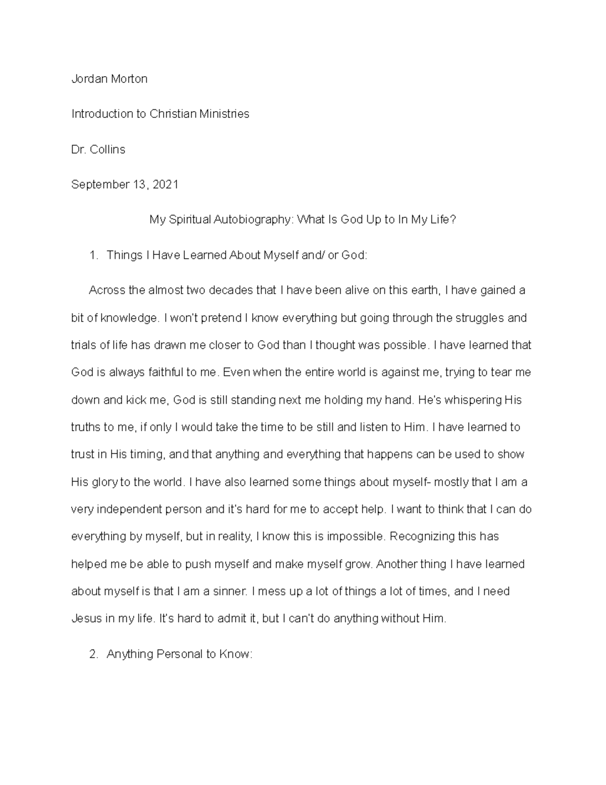 My Spiritual Autobiography - Jordan Morton Introduction to Christian ...