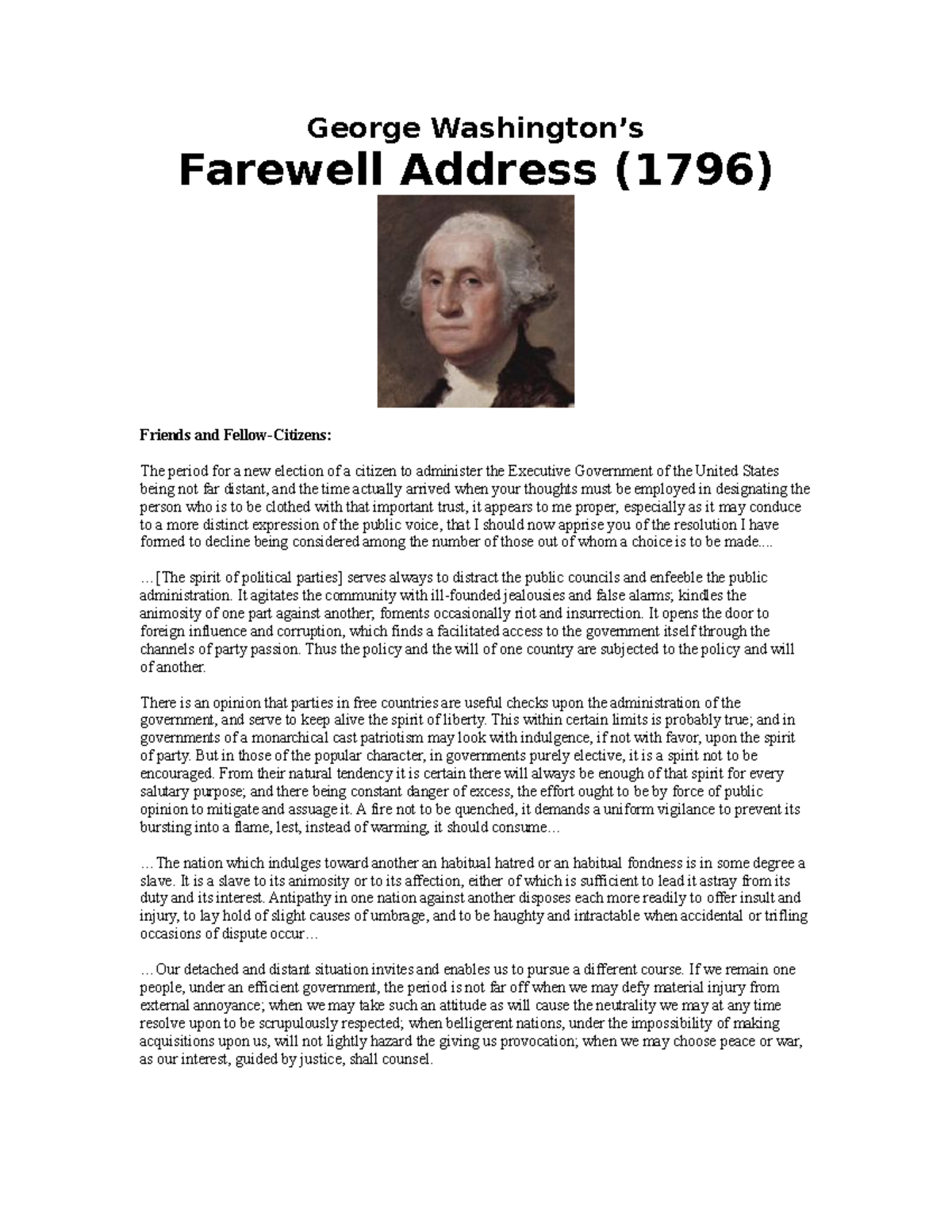 Washingtons farewell address+ - George Washington’s Farewell Address ...