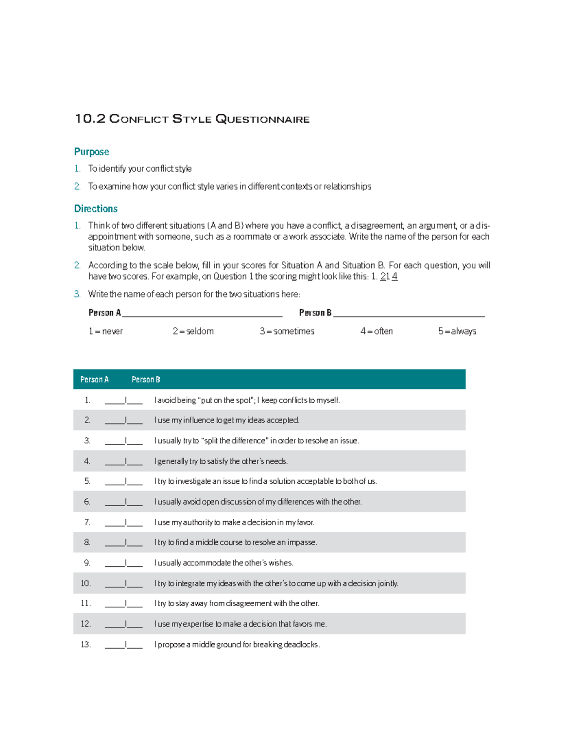 Conflict Style Questionnaire - 254 I N T R O D U C T I O N T O L E A D ...