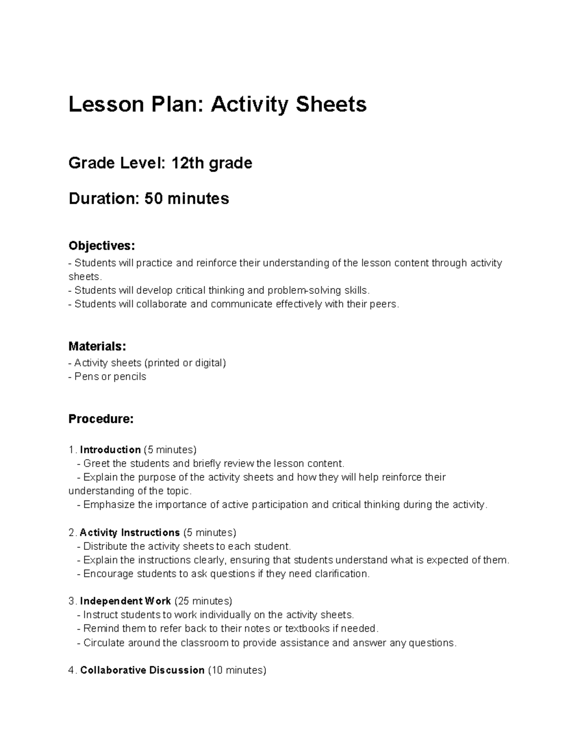 Brisk Lesson Plan Generator - Lesson Plan: Activity Sheets Grade Level ...