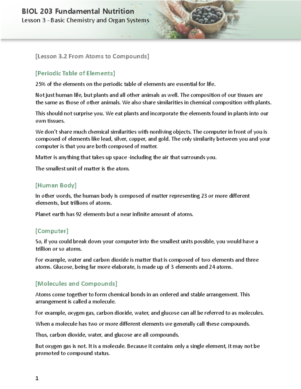 Lesson 3 - Lesson 3 - Basic Chemistry and Organ Systems [Lesson 3 From ...