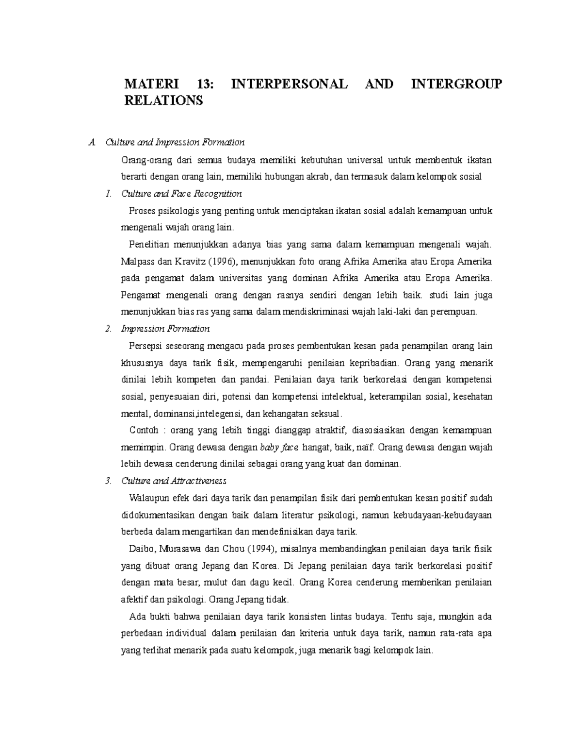 Interpersonal and Inter Group Relations - MATERI 13: INTERPERSONAL AND INTERGROUP RELATIONS A ...